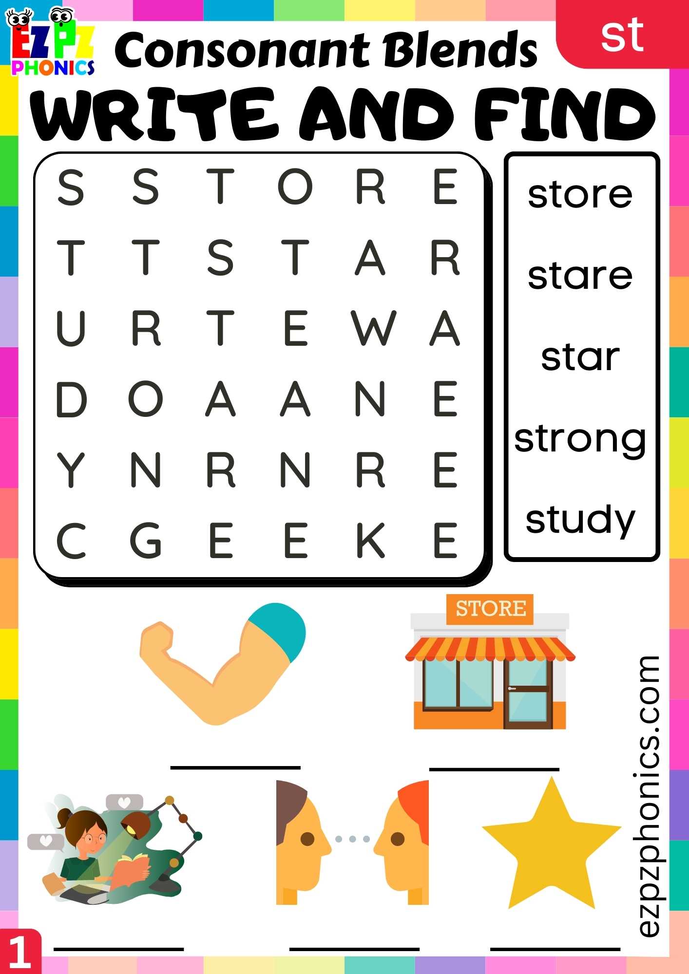 Group1 ST Words Write And Find Phonics Consonant Blends Worksheet - ezpzphonics.com
